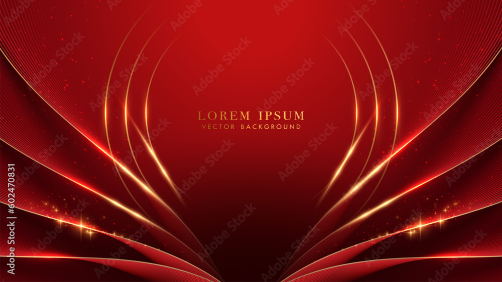 Red luxury background with golden lines, gold circle frame and glitter ...