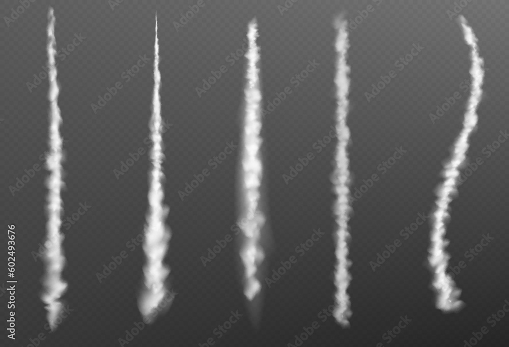 Vector de Stock Plane contrails, smoke trail of jet or rocket flight. Condensation effect in air ...