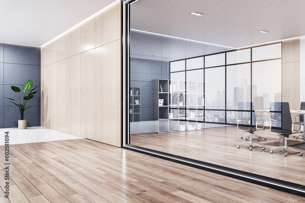 Perspective view on stylish meeting room with bookshelf and city view ...