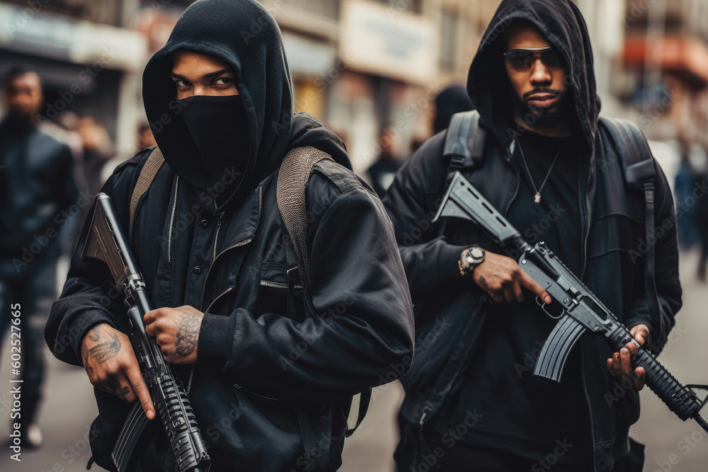 Criminal gang members with guns and rifles on the street. Group of ...