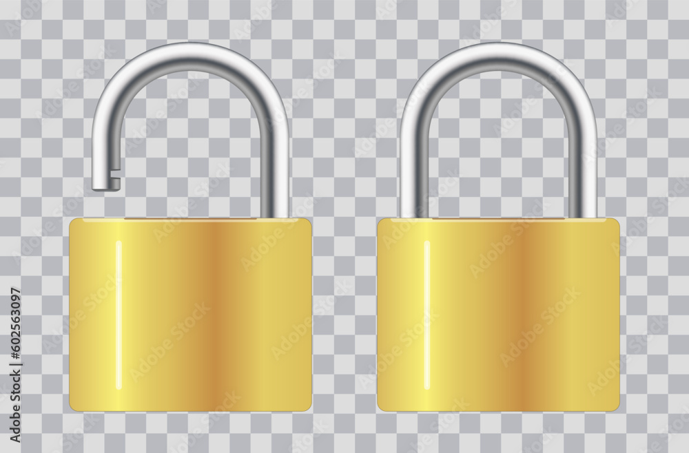 Locked and unlocked padlock. Realistic set of golden locks on ...