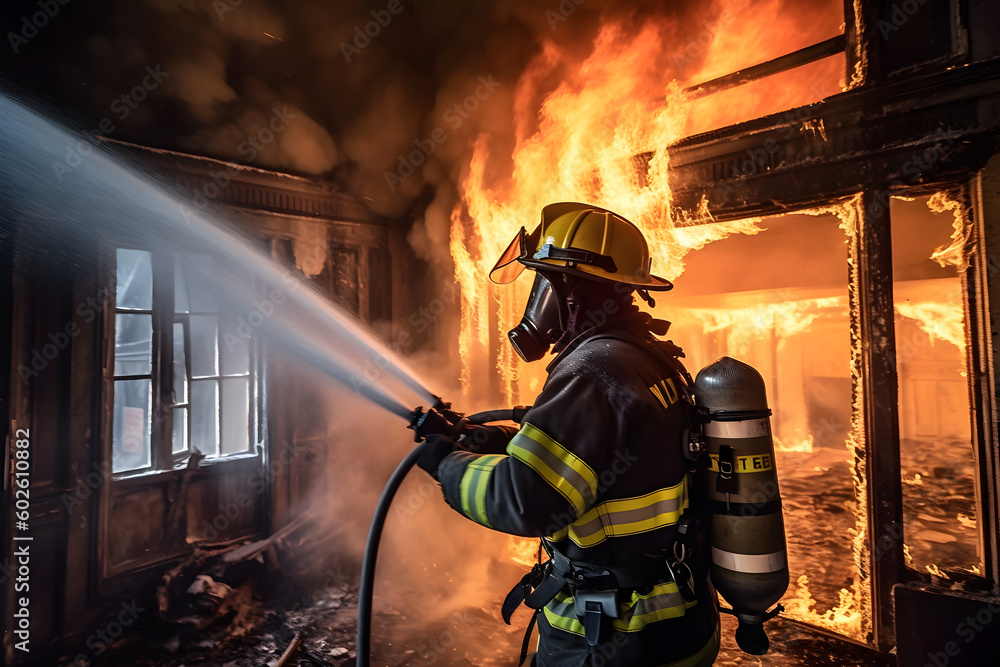 firefighters spraying water in fire fighting operation, Fire and rescue ...