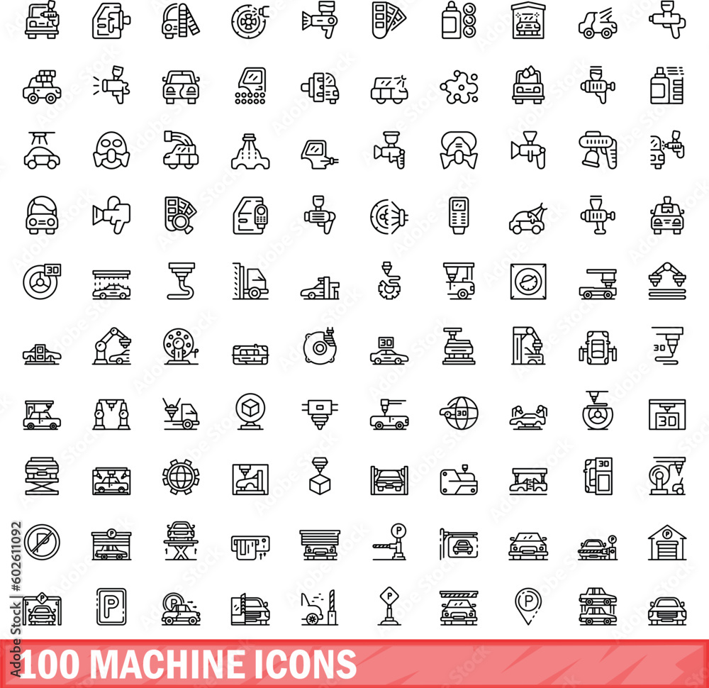 100 machine icons set. Outline illustration of 100 machine icons vector set isolated on white ...