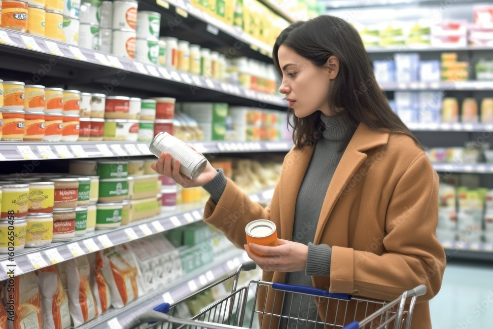 A woman comparing products in a grocery store, considering nutrition ...