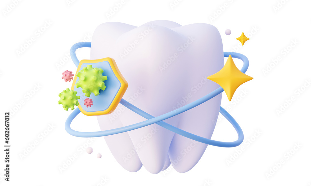 3D Dental Care. Concept of protection of teeth against caries and oral ...