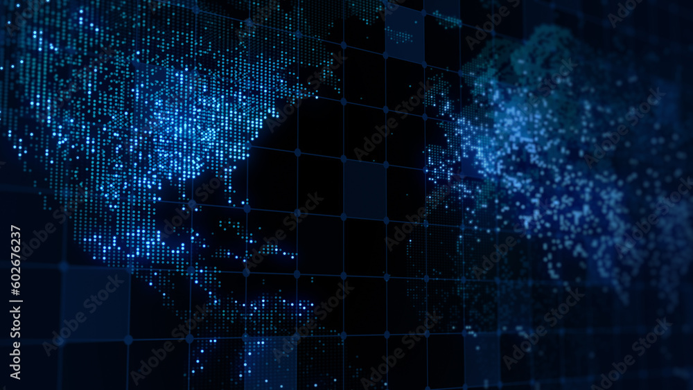 3D rendering of a digital map of the Earth. The lights of megacities ...