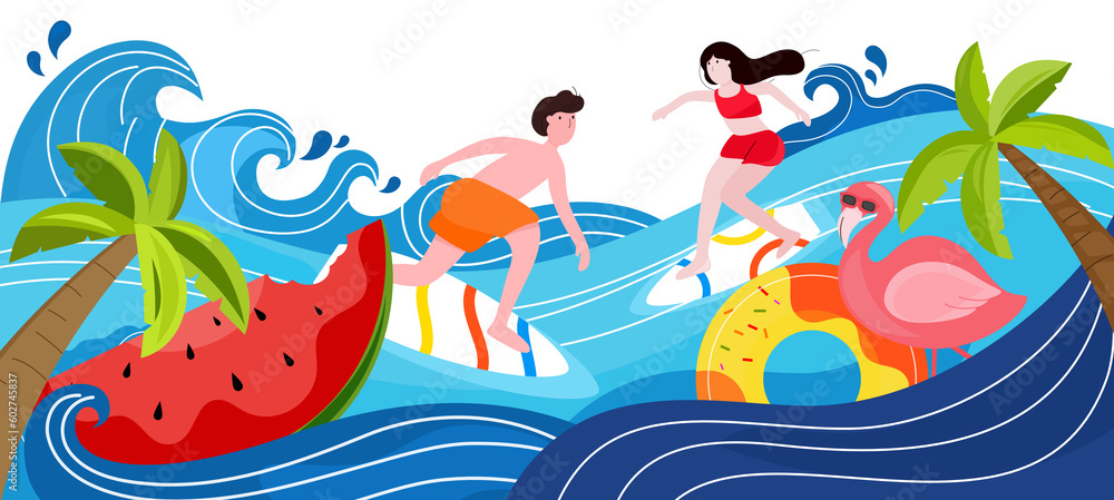 Illustration Stock Summertime colorful illustration banner. People ...