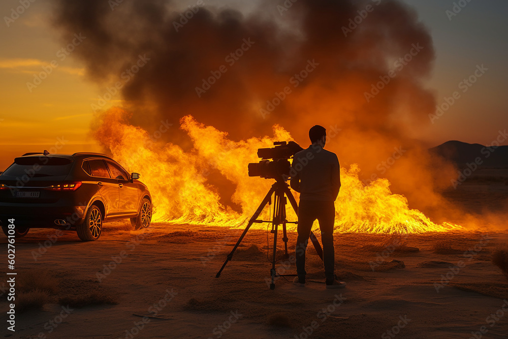 Behind the Scenes of action movie production. Car burning with smoke in ...