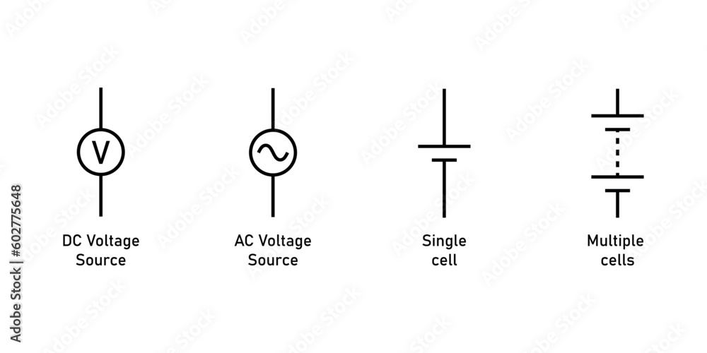 Direct current (DC) and alternating current (AC) voltage source. Single cell and multiple cell ...