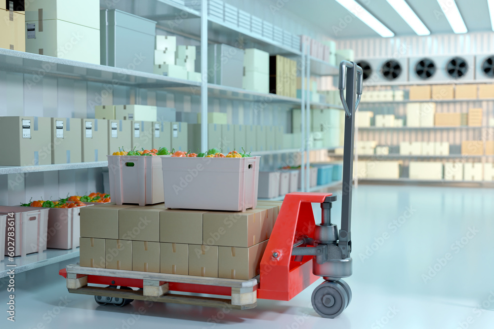 Industrial refrigerator. Freezer warehouse for food. Pallet jack with ...