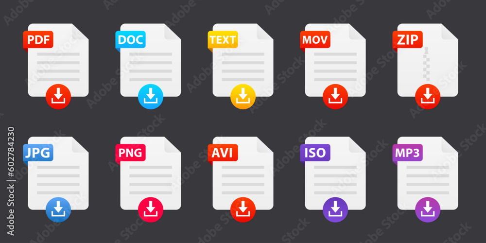 File type icons. Format and extension of documents. Set of pdf, doc, excel, png, jpg, psd, gif ...