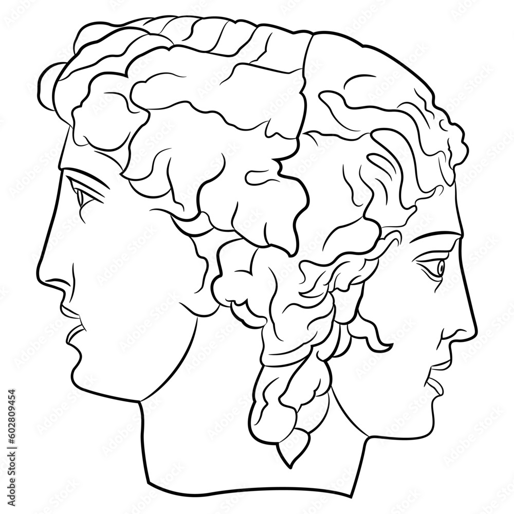 Janiform head with two faces. Janus as man and woman. Ancient Greek or ...