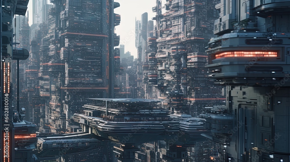 Futuristic mechanical city slums dystopia at day illustration using ...