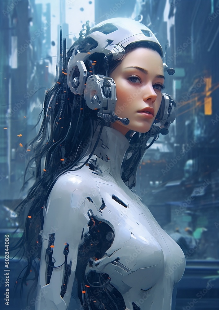 Beautiful cyber woman on the street of metropolis. Robot woman. Cyborg ...