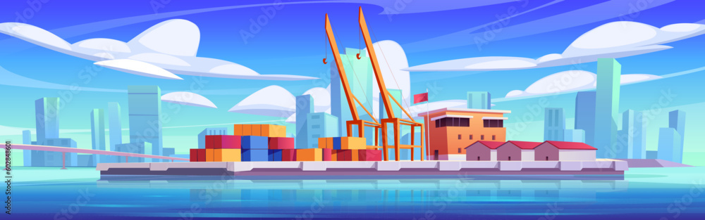 Vector sea port cargo container logistic. Export and import freight ...