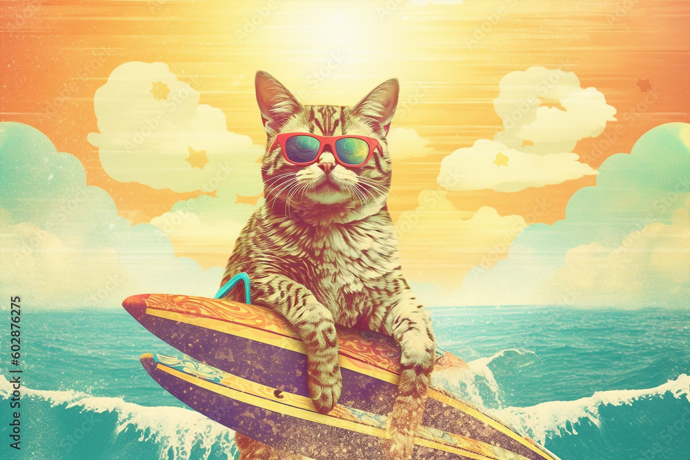 funny cat, king of surf, pop style surreal collage, generative ai ...