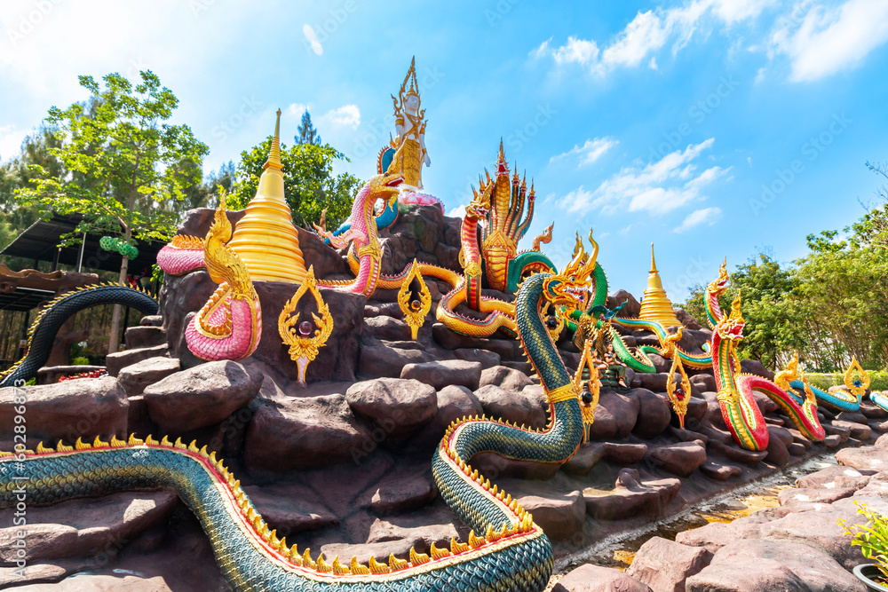 Serpent statue or Thai Naga, Wat Don Khanak, Built according to the ...