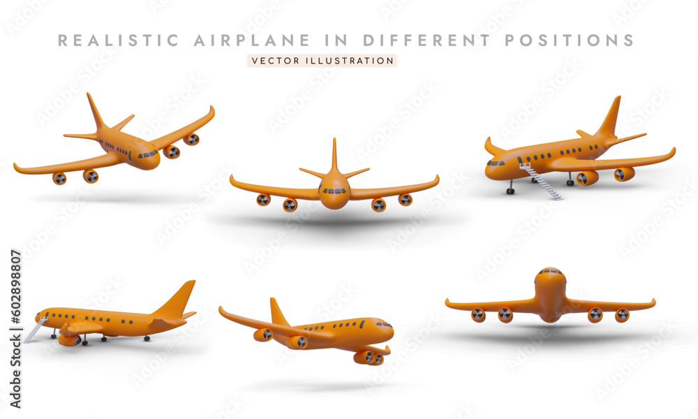 Set of realistic images of aircraft in different positions. Orange 3D ...