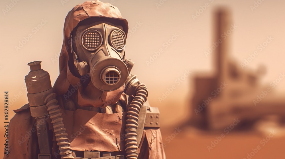 Soldier wearing gas mask in post-apocalyptic city ruins and battlefield ...