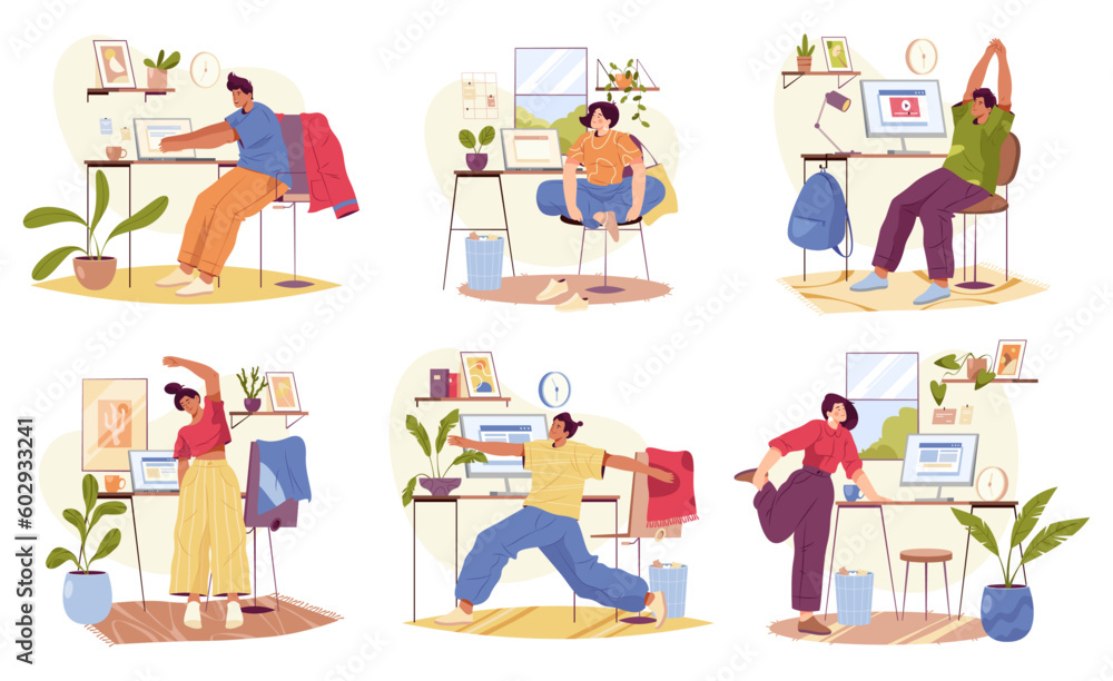 Employees working from home or office stretching. Cartoon characters ...