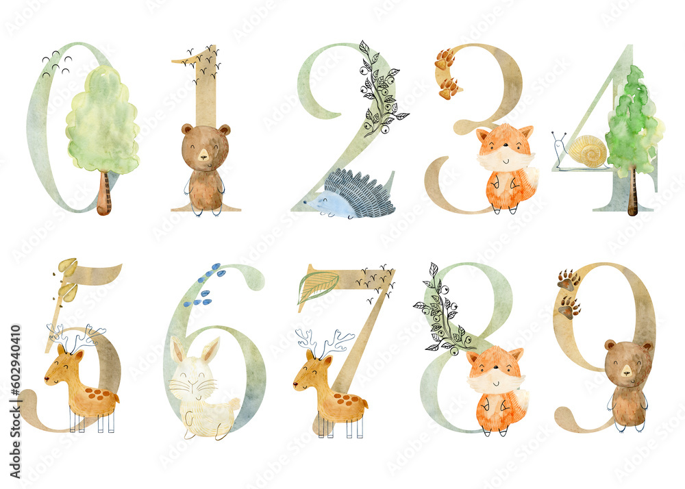 Ilustración de Stock Watercolor woodland animals numbers for invitation ...