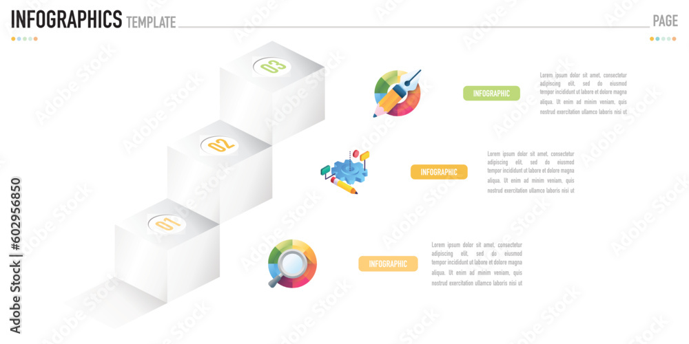 Rectangular isometric infographic template or element with 3 step ...