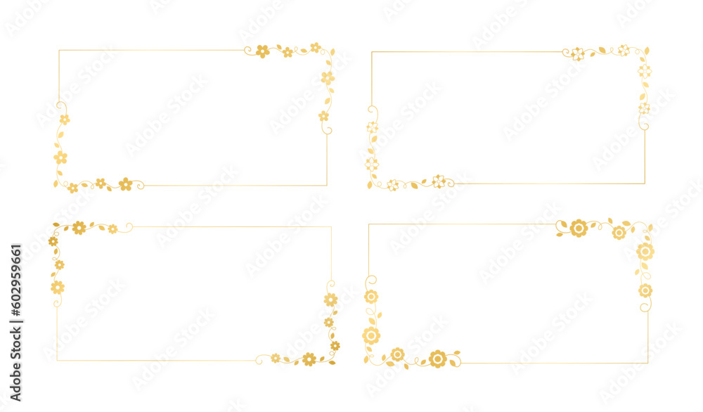 Gold Floral rectangle frame set. Simple line border, leaves and flowers ...