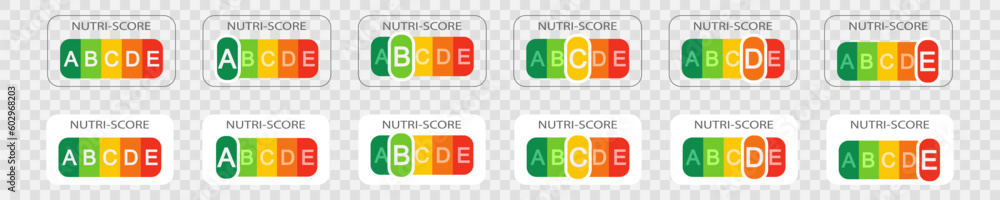Nutri-Score labels with classification letters on transparent ...