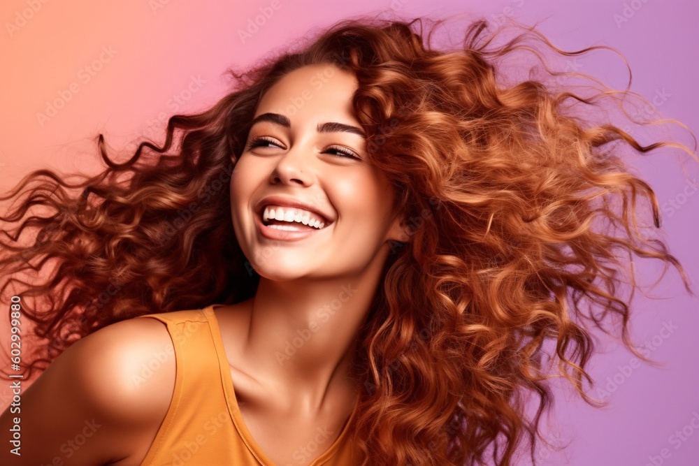 Beautiful laughing brunette model girl with long curly hair . Smiling ...