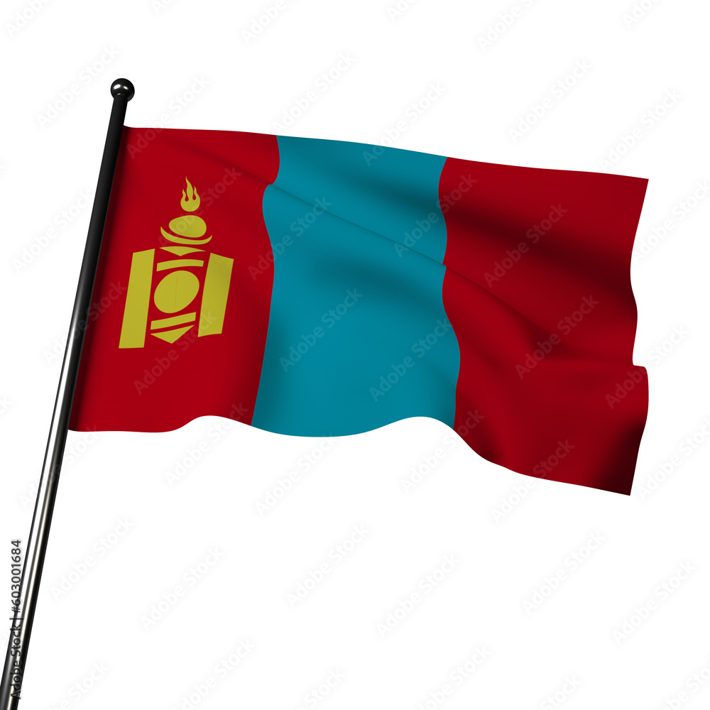 The flag of Mongolia on a gray background. Blue symbolizes the sky, red ...