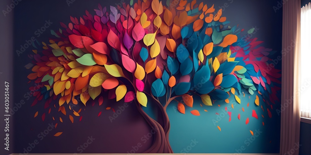 Colorful tree with leaves on hanging branches of blue, white and golden ...