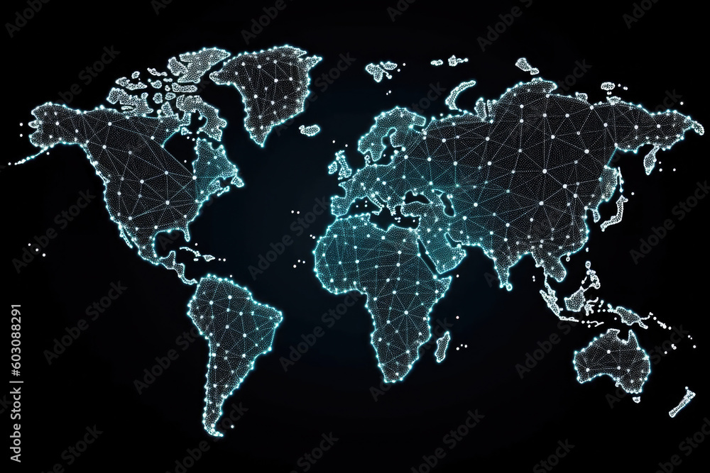 Digital world map with dot connections. Global communication and network. Created with ...