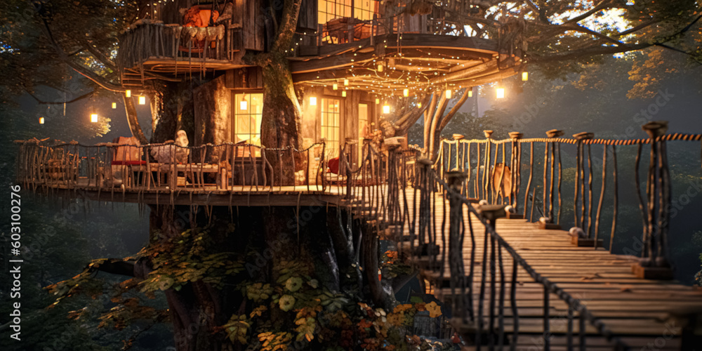 a tree house sitting on an idyllic deck, with lights on a tree deck ...