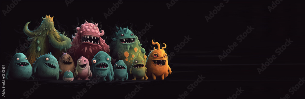 Various sizes, colors scary terrible toy monsters in a row, black ...