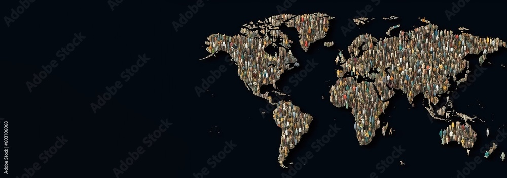 World Population Day. A group of people on the map of the planet Earth ...