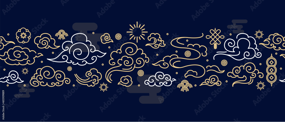 Asia Clouds Signs Thin Line Pattern on a Blue Chinese Style. Vector ...