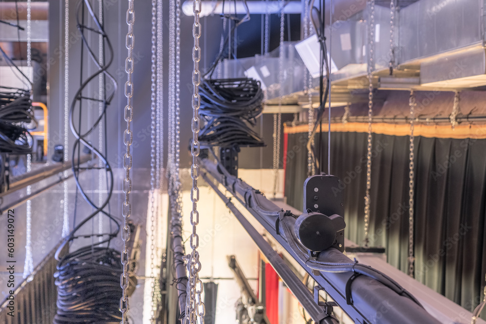 Theater stage rigging with theatrical equipment, lighting, supports ...