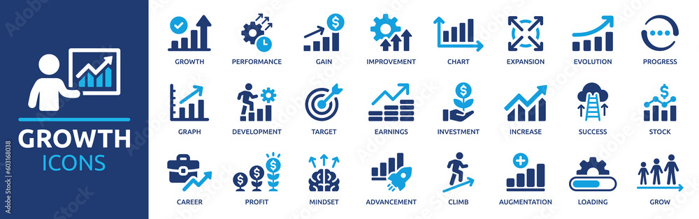 Growth icon set. Containing performance, gain, improvement, grow, chart ...