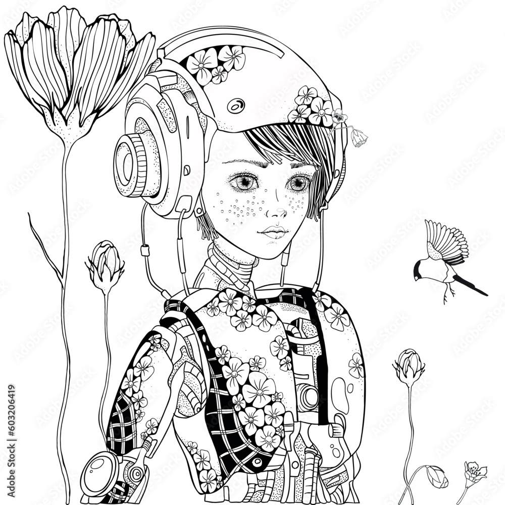 A teenage robot girl looks at flowers and a bird. Zentangle style ...