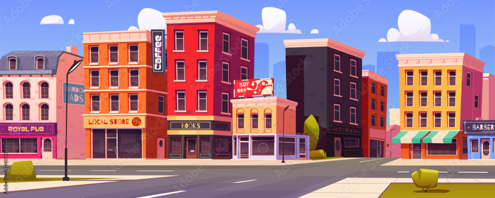 Cartoon city street corner with buildings. Vector illustration of ...