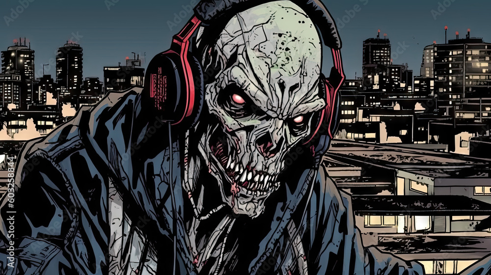 Zombie wearing headphones created with Generative AI technology Stock ...