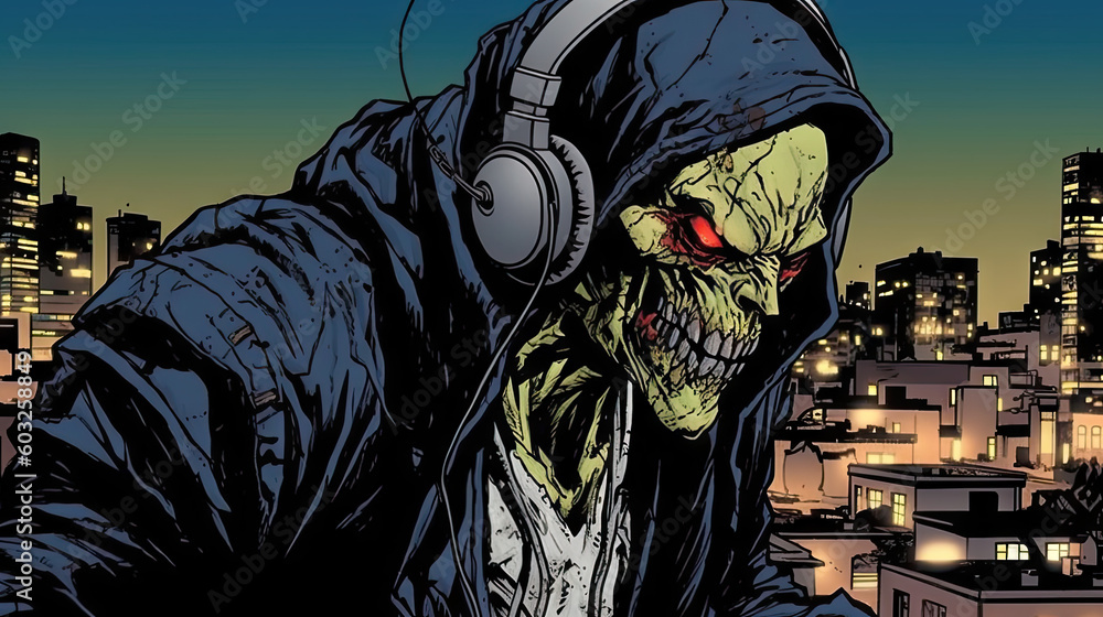 Zombie wearing headphones created with Generative AI technology Stock ...