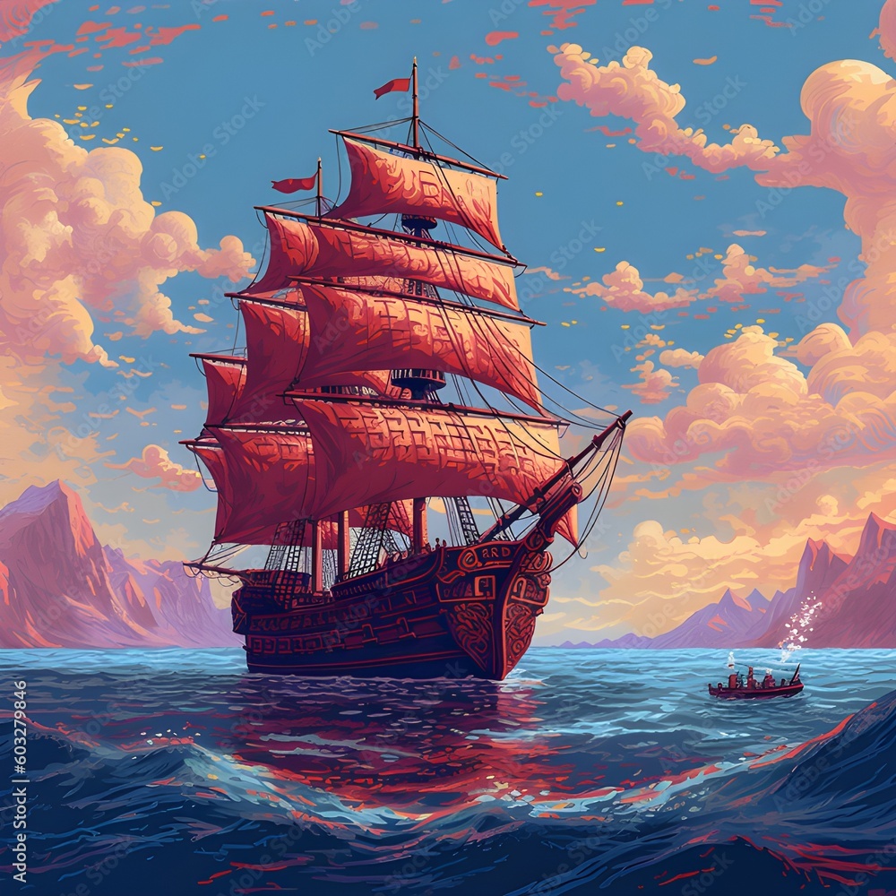 ship in the sea, pixel art, pixel art style, generative ai Stock ...
