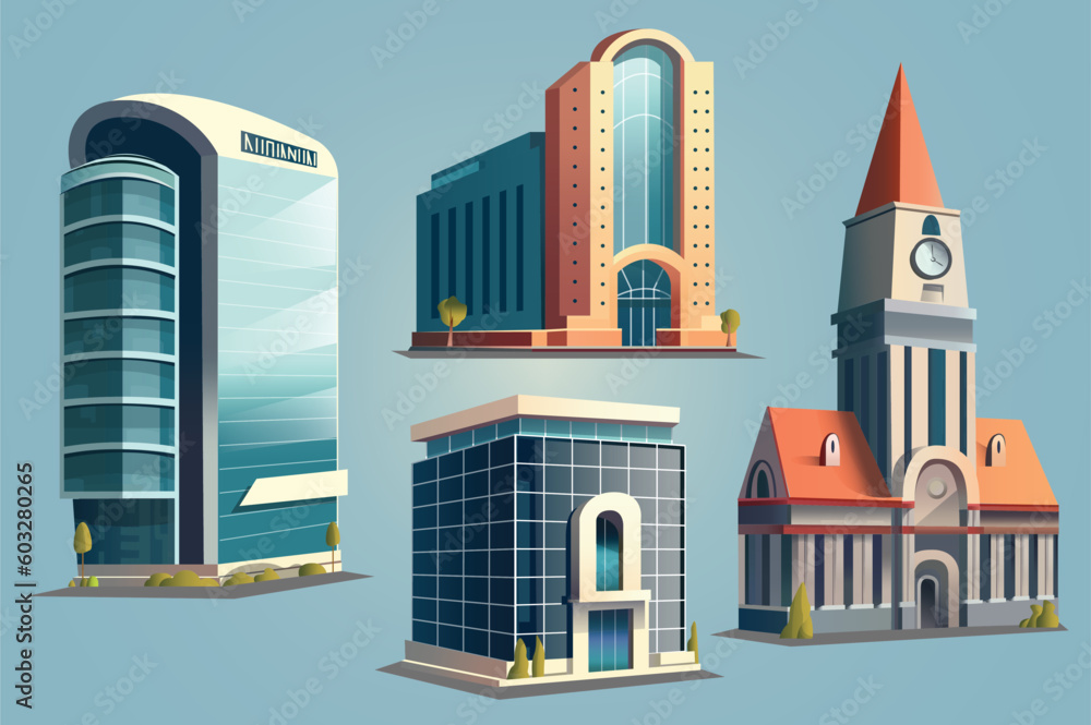 Set of different buildings. House set concept illustrated in flat ...
