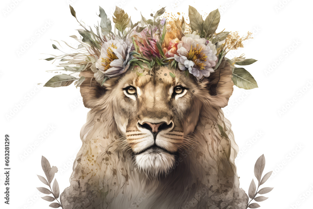 lioness lion face with floral flower crown on head isolated on white in ...