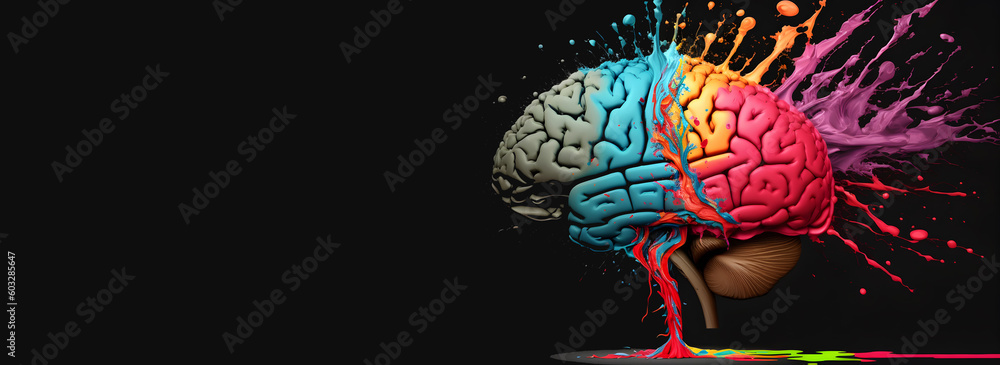 Human brain, colorful paint splashes and drops. AI generated Stock ...