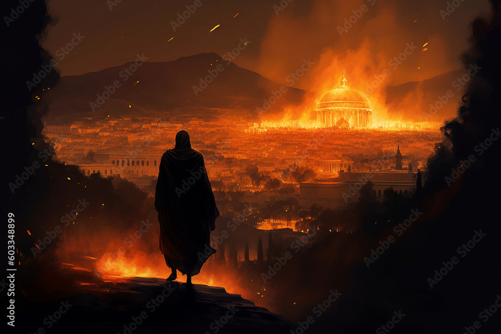 mysterious silhouette against the background of a burning city, Nero ...