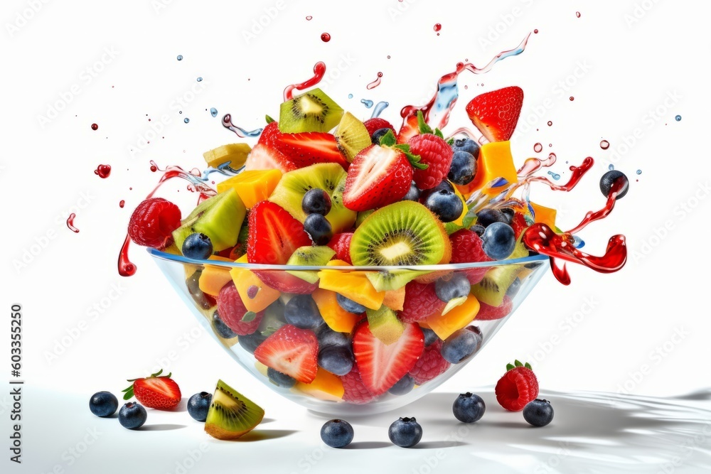 Image of a fruit salad suspended in mid-air, captured at the exact ...