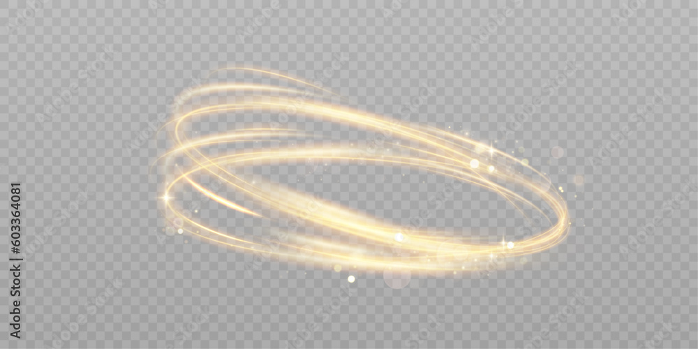 Dynamic gold lines with glow effect. Rotating shiny rings. Abstract sparkling swirl, wave of ...