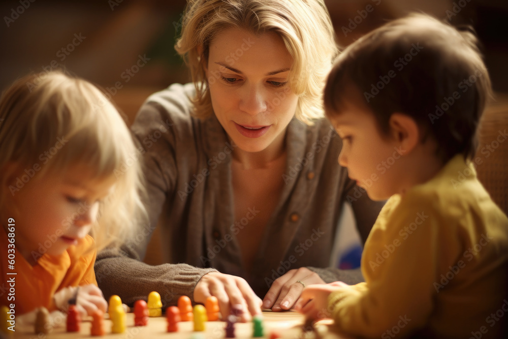 Generative AI illustration of focused mother helping little children to ...